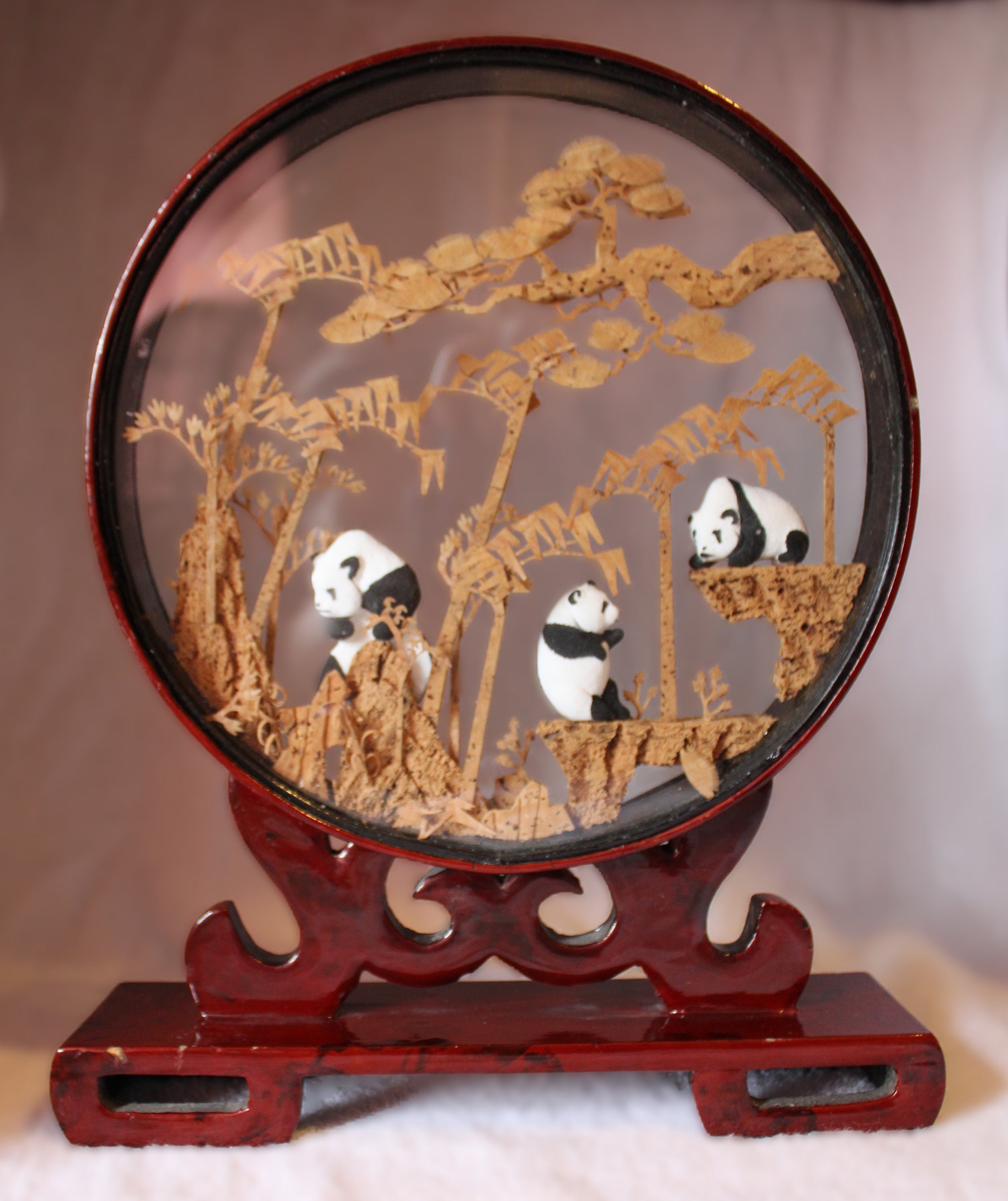 Vintage Chinese Cork Diorama With Panda Bears Carved Cork Diorama ...