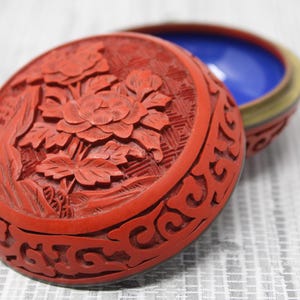 Antique Chinese Cinnabar Lacquer Blue Enamel and Brass Carved Trinket ...