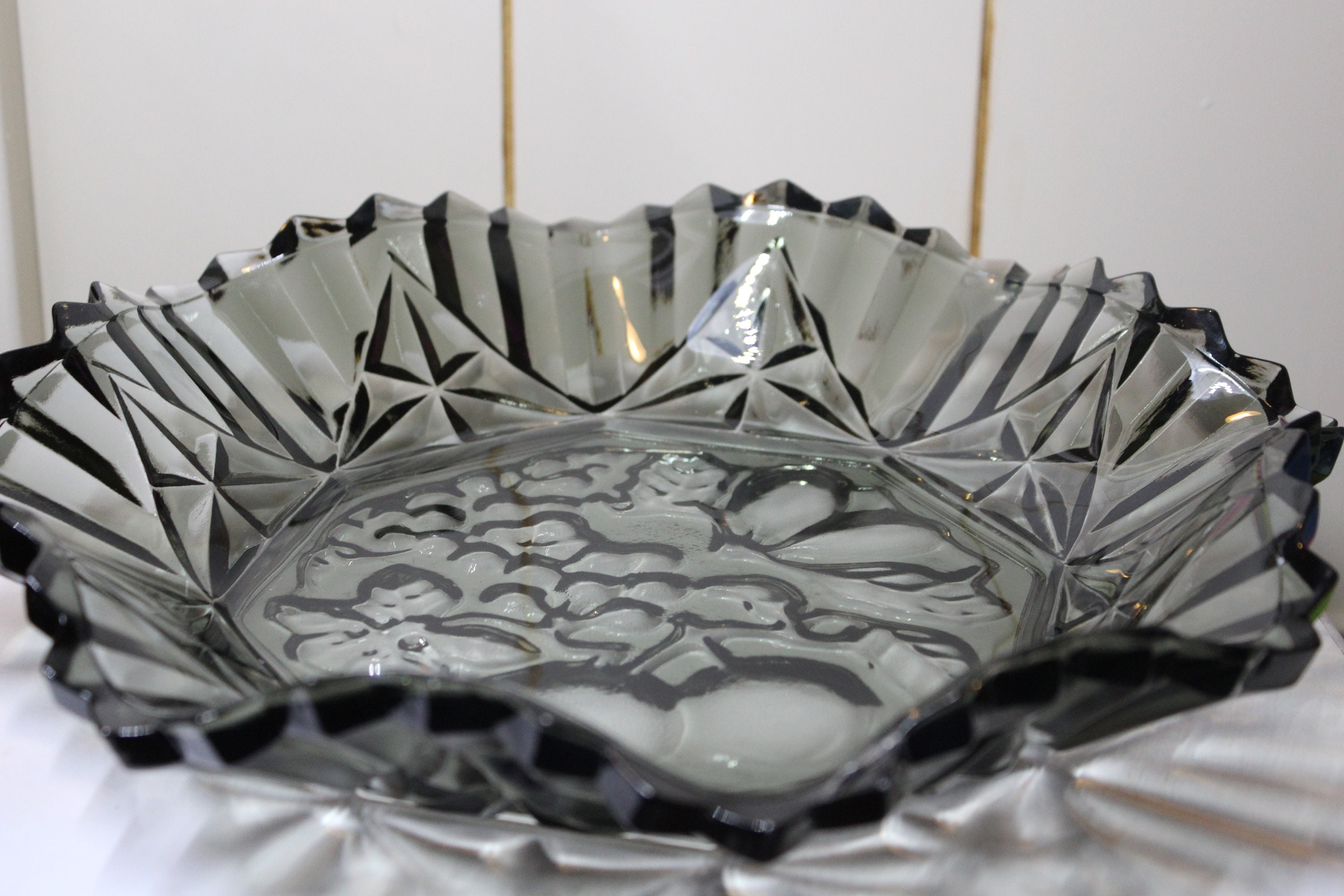 Federal Glass Smoke Colored Glass Ruffled Bowl and Clear Glass Plate ...
