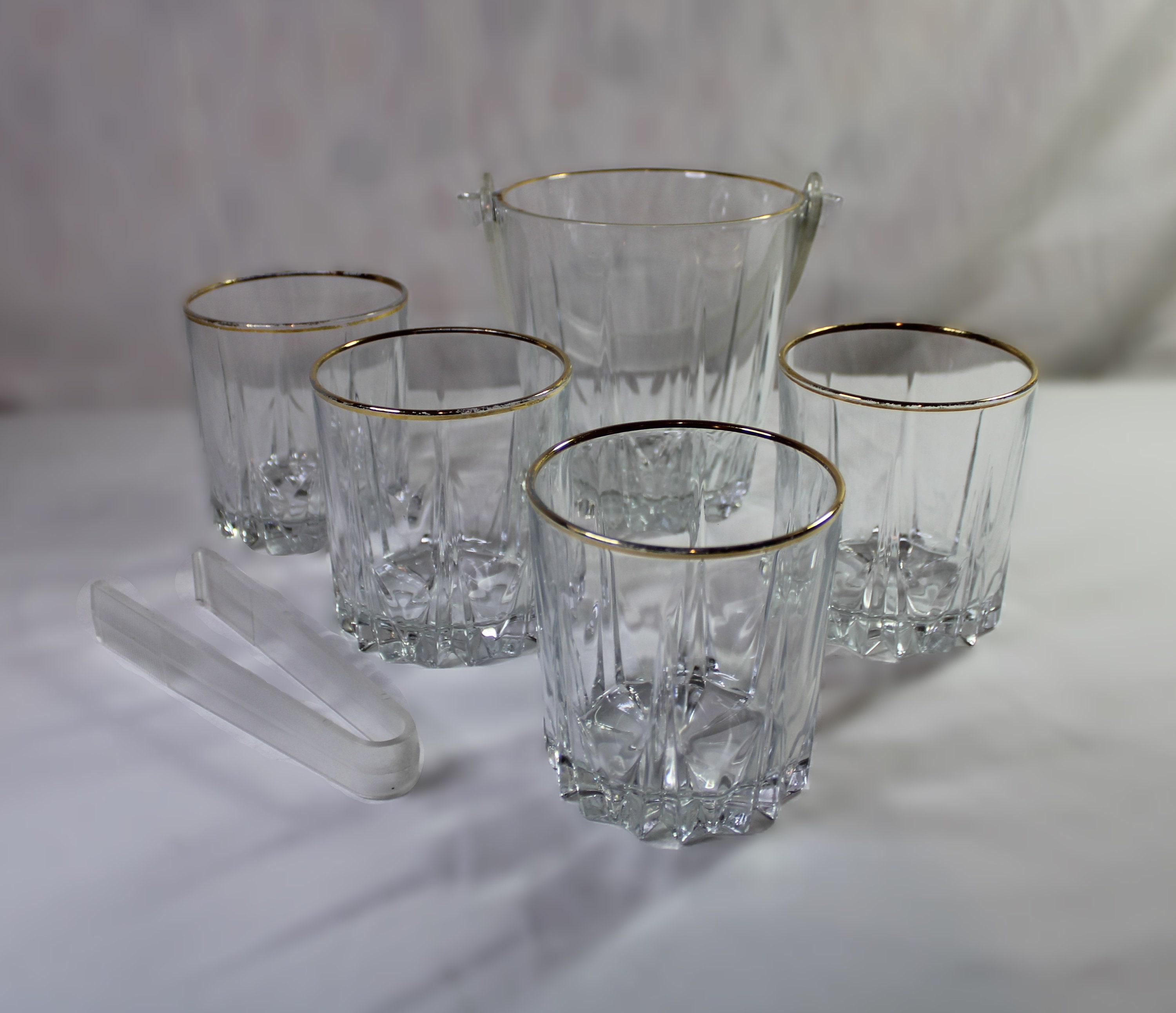 Vintage Pasabahce Cut Glass Ice Bucket W/ Tongs and Four 4 Lowball ...