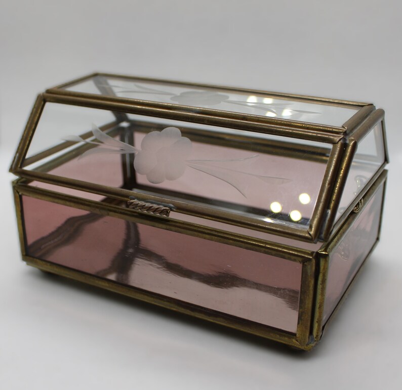 Stained Glass Trinket Box Etched Flowers Design Hinged Glass Jewelry ...