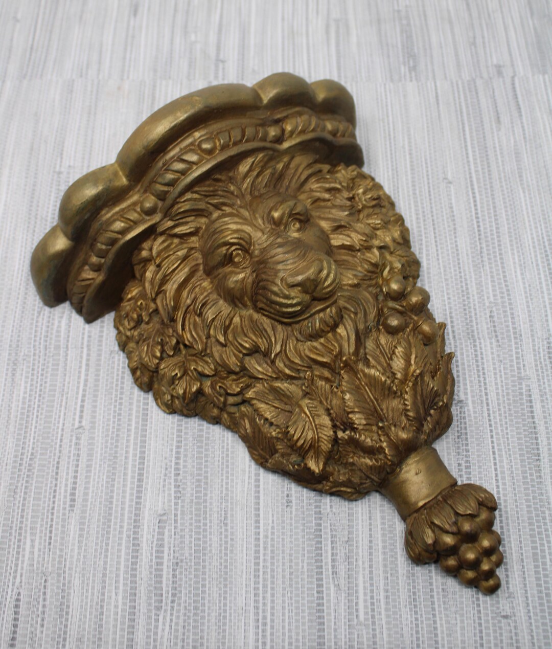 Vintage Wood Carved Lion Head Shelf - Brass Colored Wooden Lion Head ...