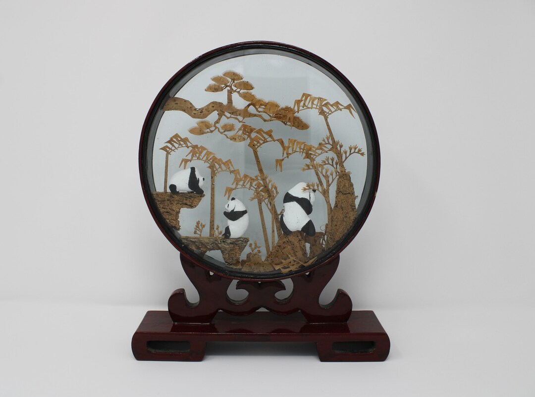 Vintage Chinese Cork Diorama With Panda Bears - Carved Cork Diorama ...