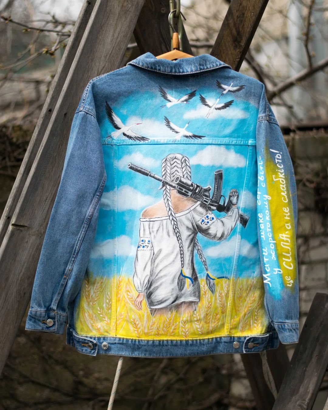 Hand Painted Denim Jacket Ukrainian Girl, Custom Denim Jacket With Art ...