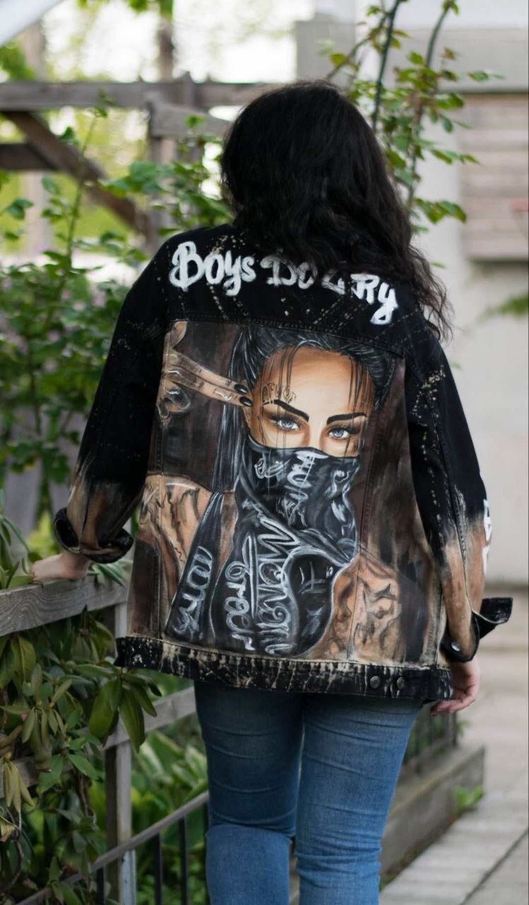 Hand Painted Denim Jacket With Gangsta Tatoo Girl, Custom Jean Jacket ...