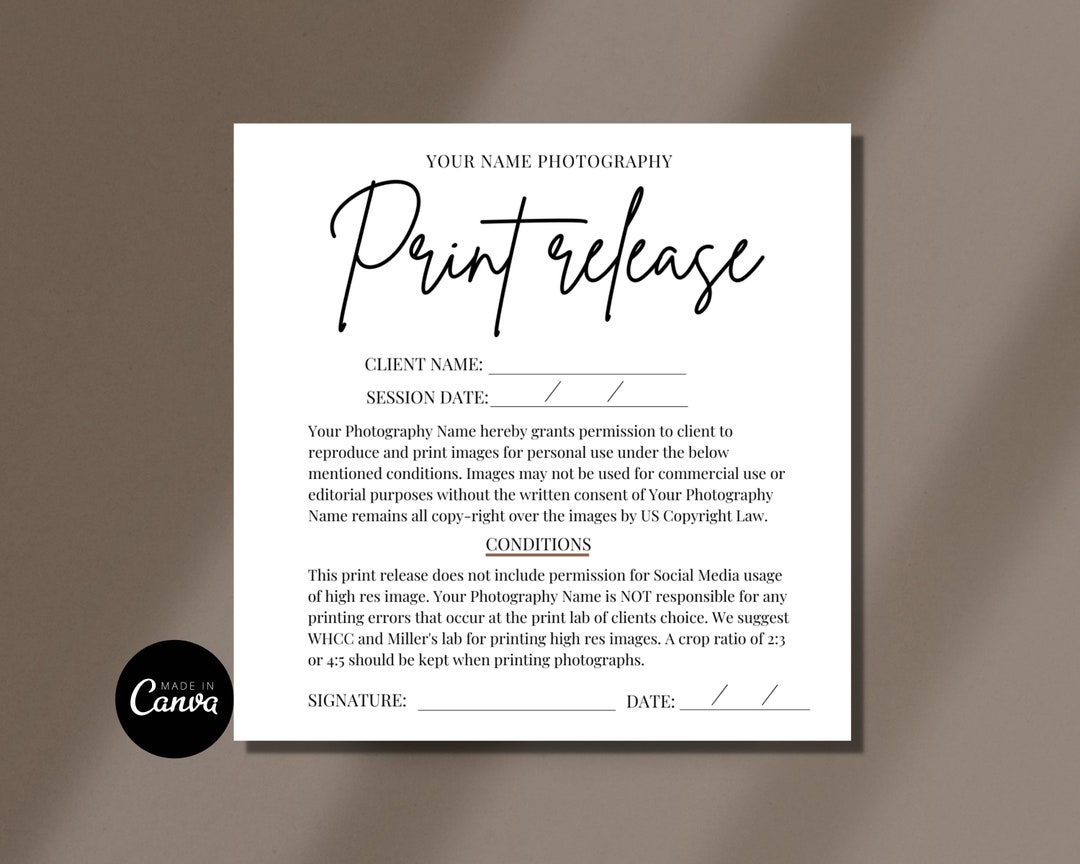 Photo Print Release Form Card, Photography Forms, Forms for ...