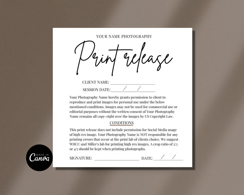 Photo Print Release Form Card, Photography Forms, Forms for ...