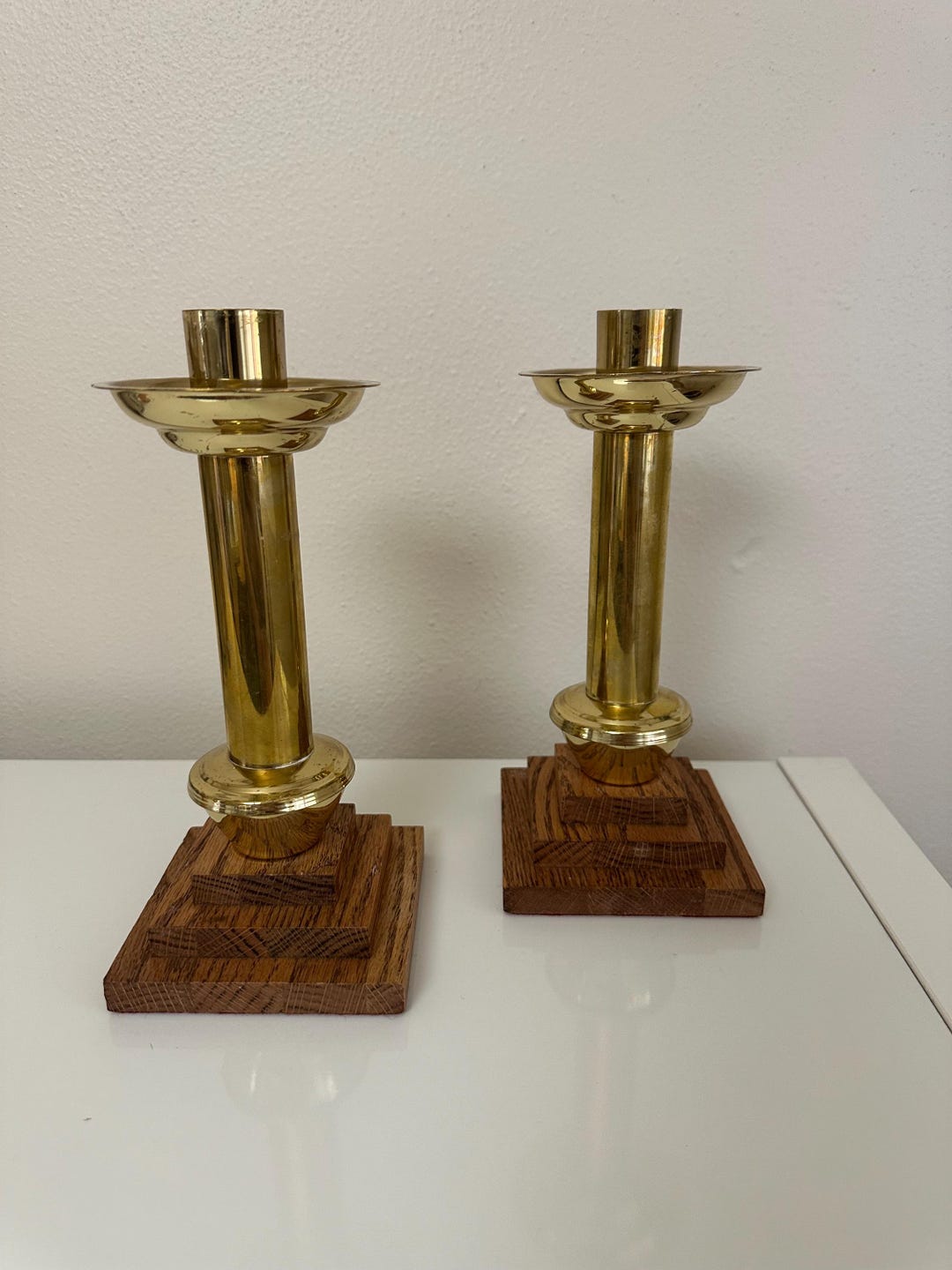 Pair of Vintage Brass & Wood Altar Top Chapel Candlestick Holders - Etsy