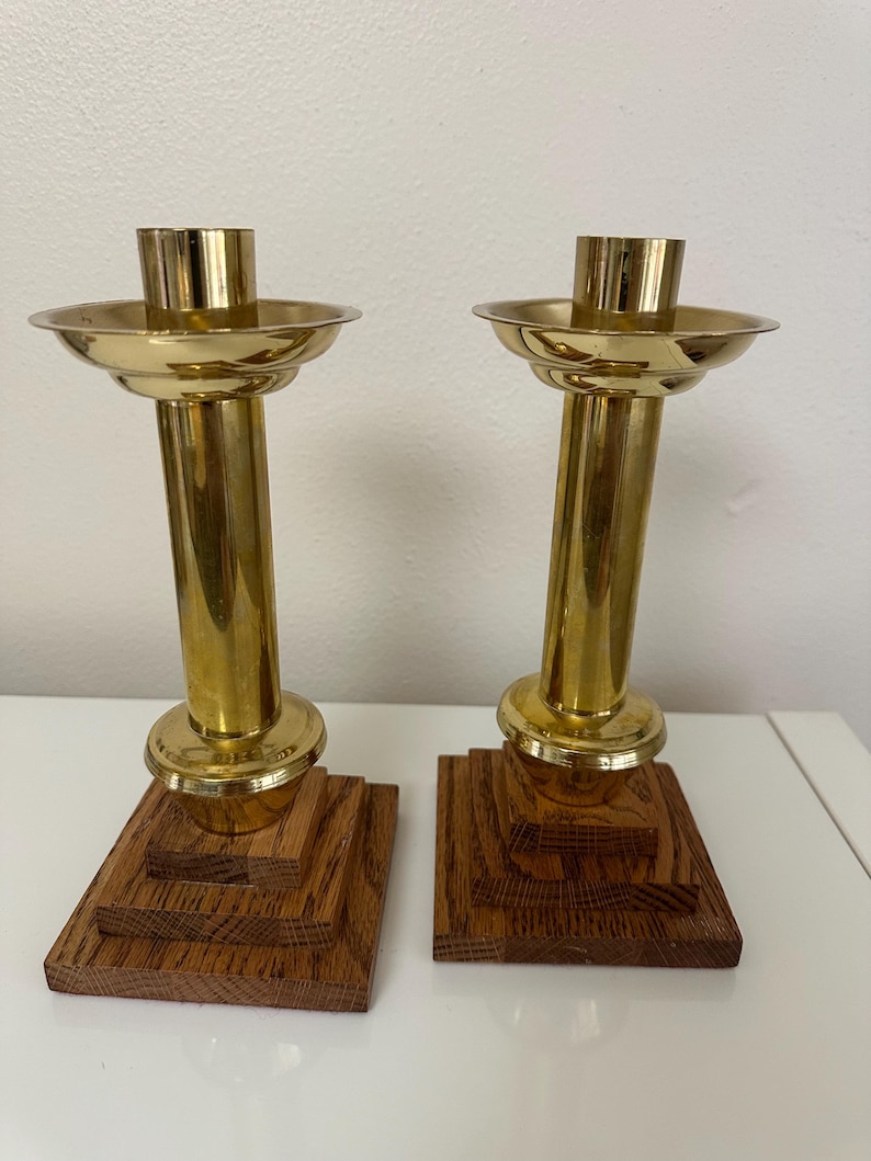 Pair of Vintage Brass & Wood Altar Top Chapel Candlestick Holders - Etsy