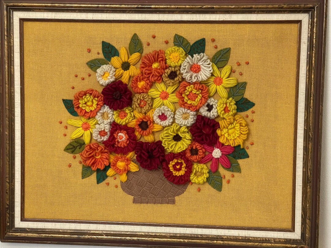 Vintage MCM Mid Century Crewel Needlework Embroidery Art in Floral ...