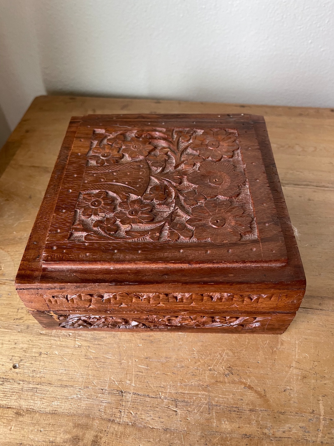 Vintage Boho Hand Carved Teak Floral Box Made in India - Etsy