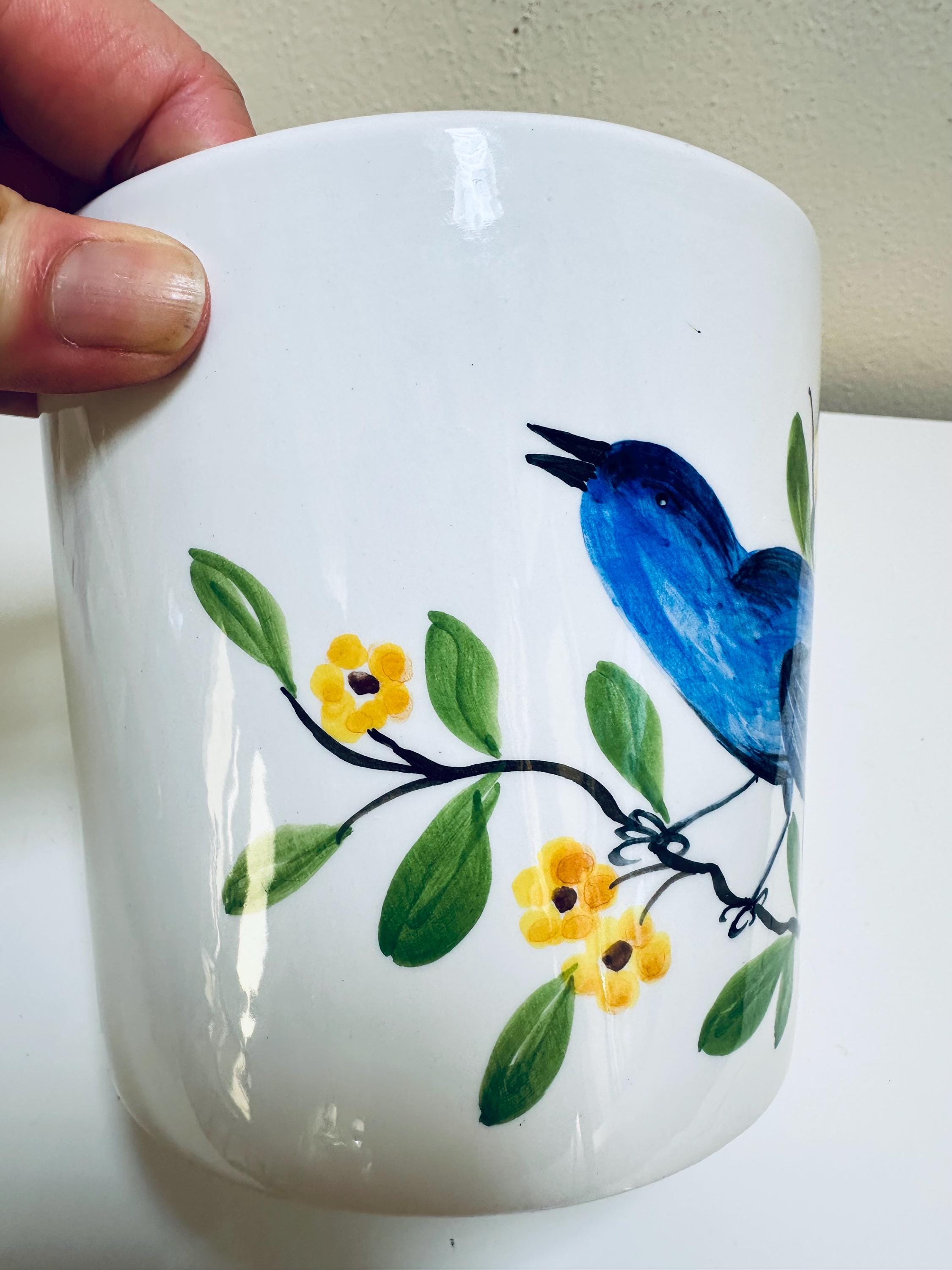 Vintage Hand Painted Blue Bird Floral Pottery Planter Pot | Made in ...