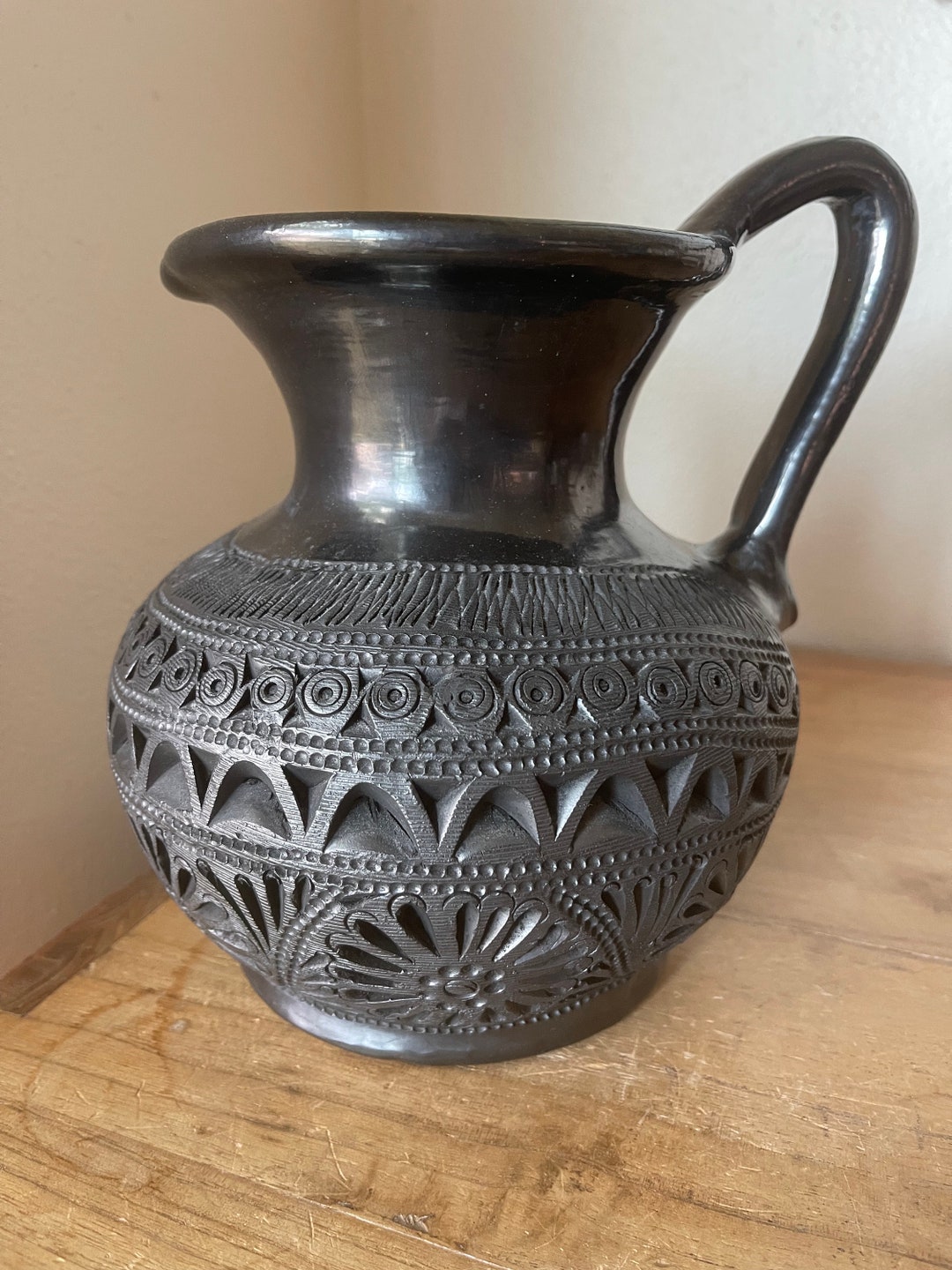 Vintage Barro Negro Pottery Pitcher With Floral Design | Oaxaca, Mexico ...