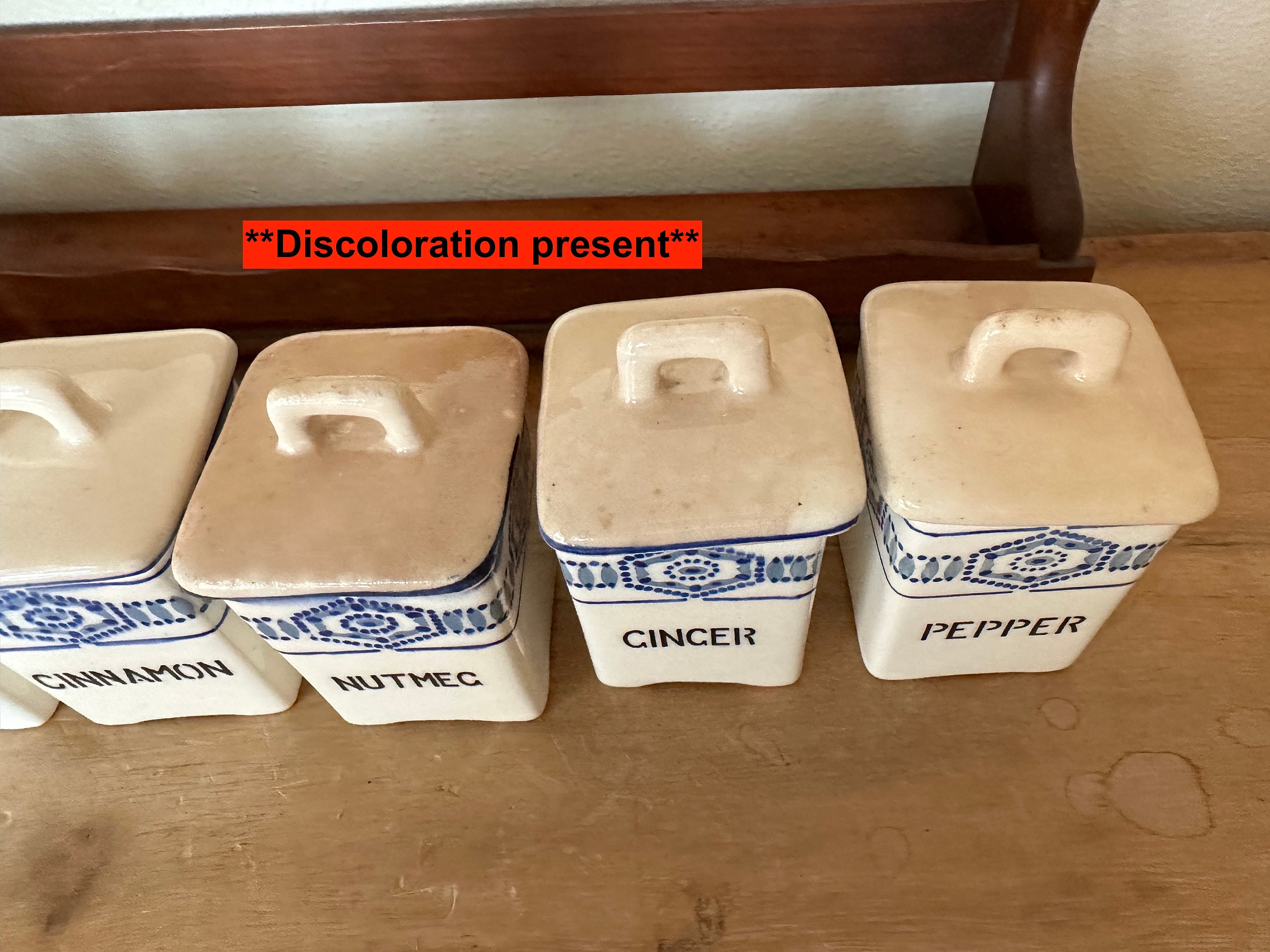 Vintage Czechoslovakia Ceramic Spice Canisters With Wood Spice Rack ...