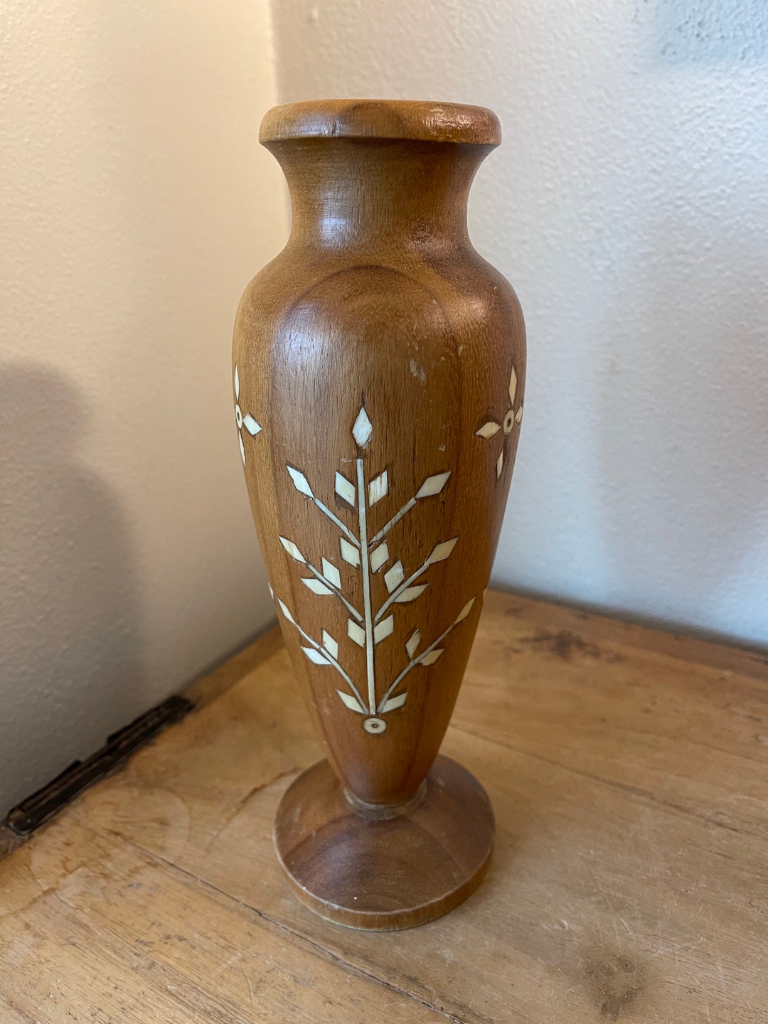 Vintage Boho Hand Carved Wood Vase With Bone Inlay in Floral & Leaf ...