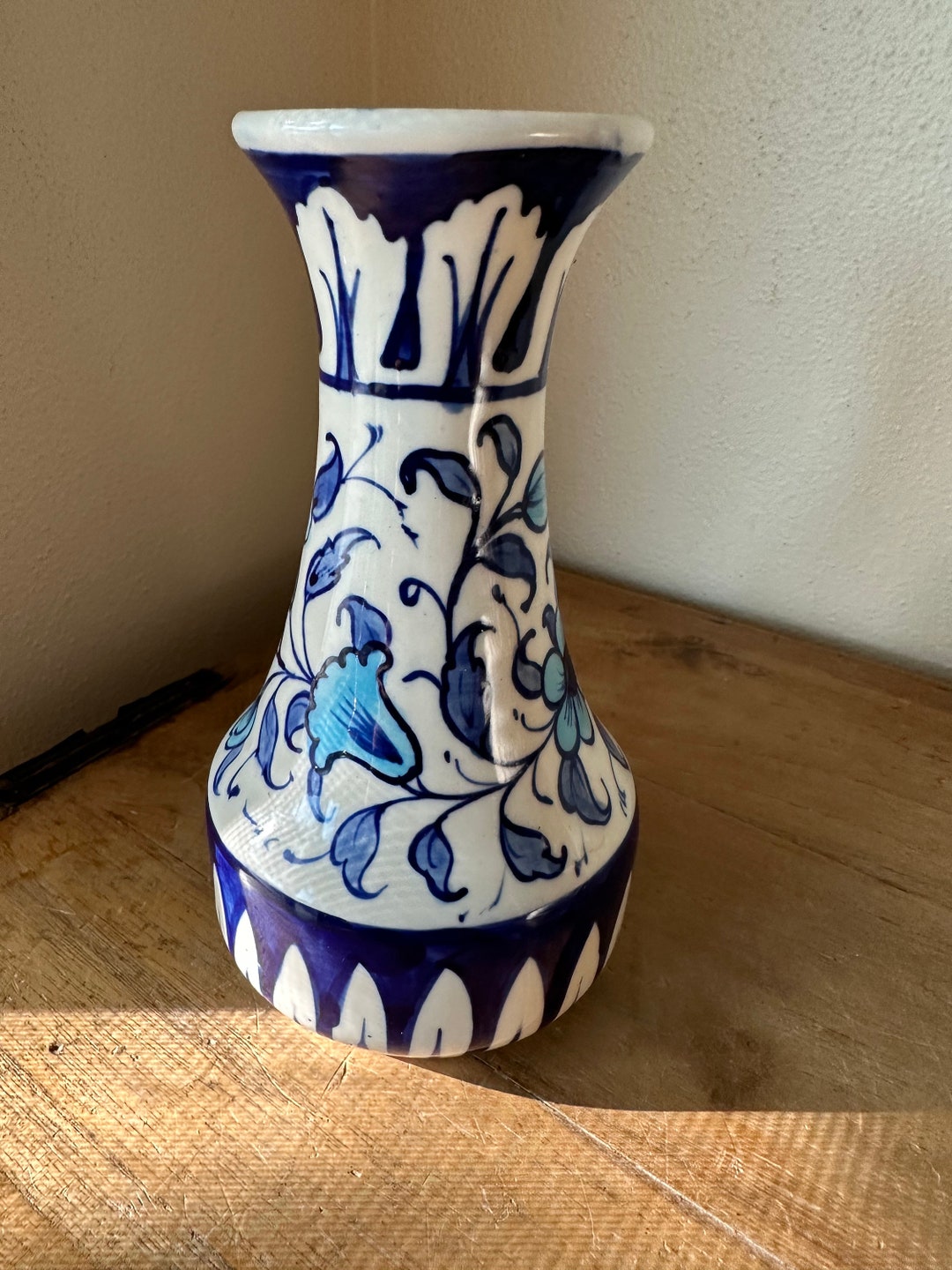 Vintage Boho Hand Painted Pottery Vase Blue Floral Design - Etsy