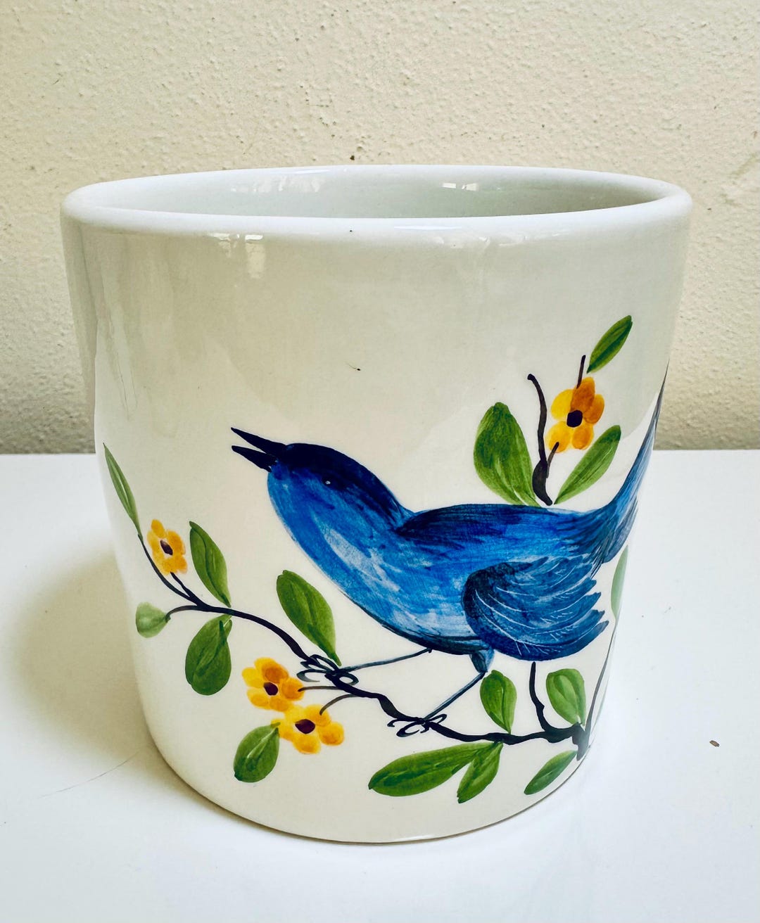 Vintage Hand Painted Blue Bird Floral Pottery Planter Pot | Made in ...
