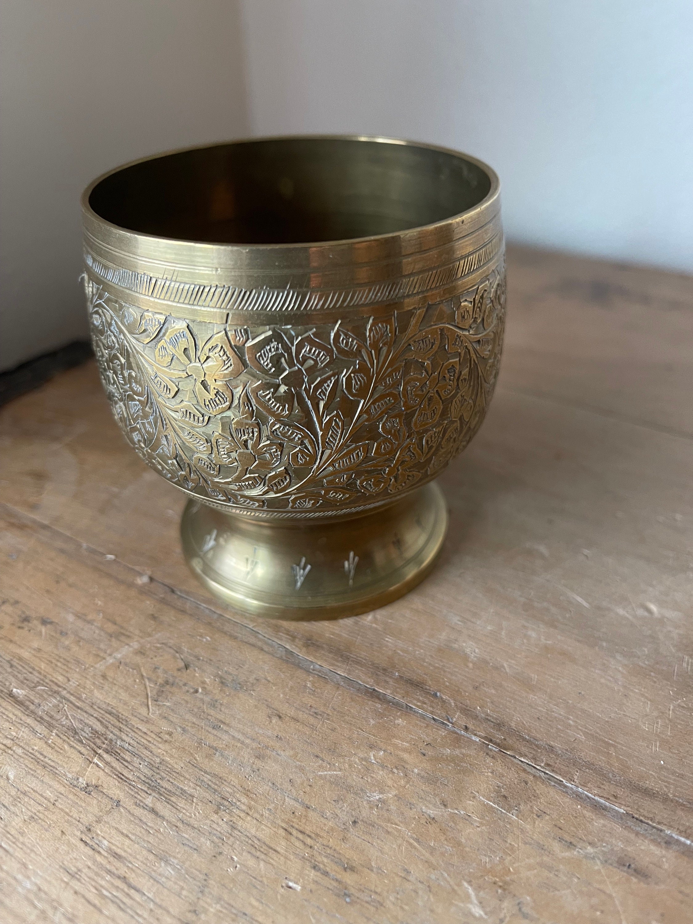 Vintage Brass Boho Etched Floral & Leaf Boho Pedestal Cup Catch India ...