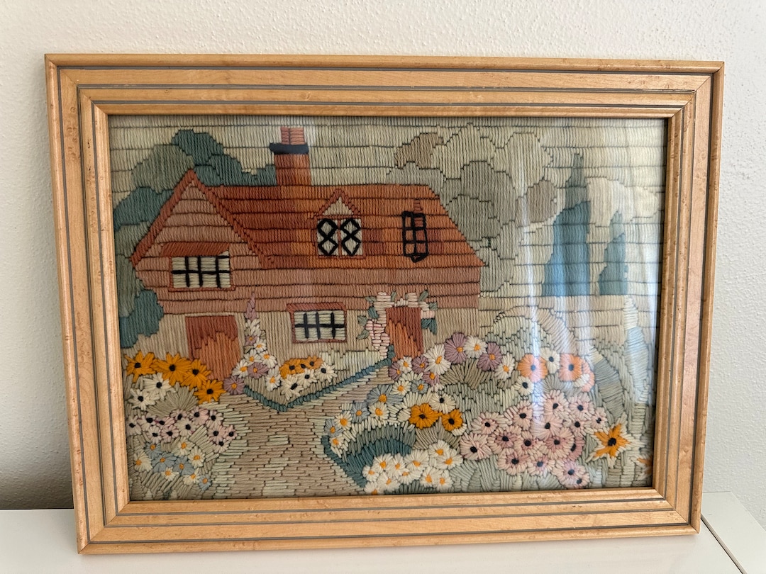 Vintage Crewel Needlework Embroidery Art Home Garden Design | Glass ...