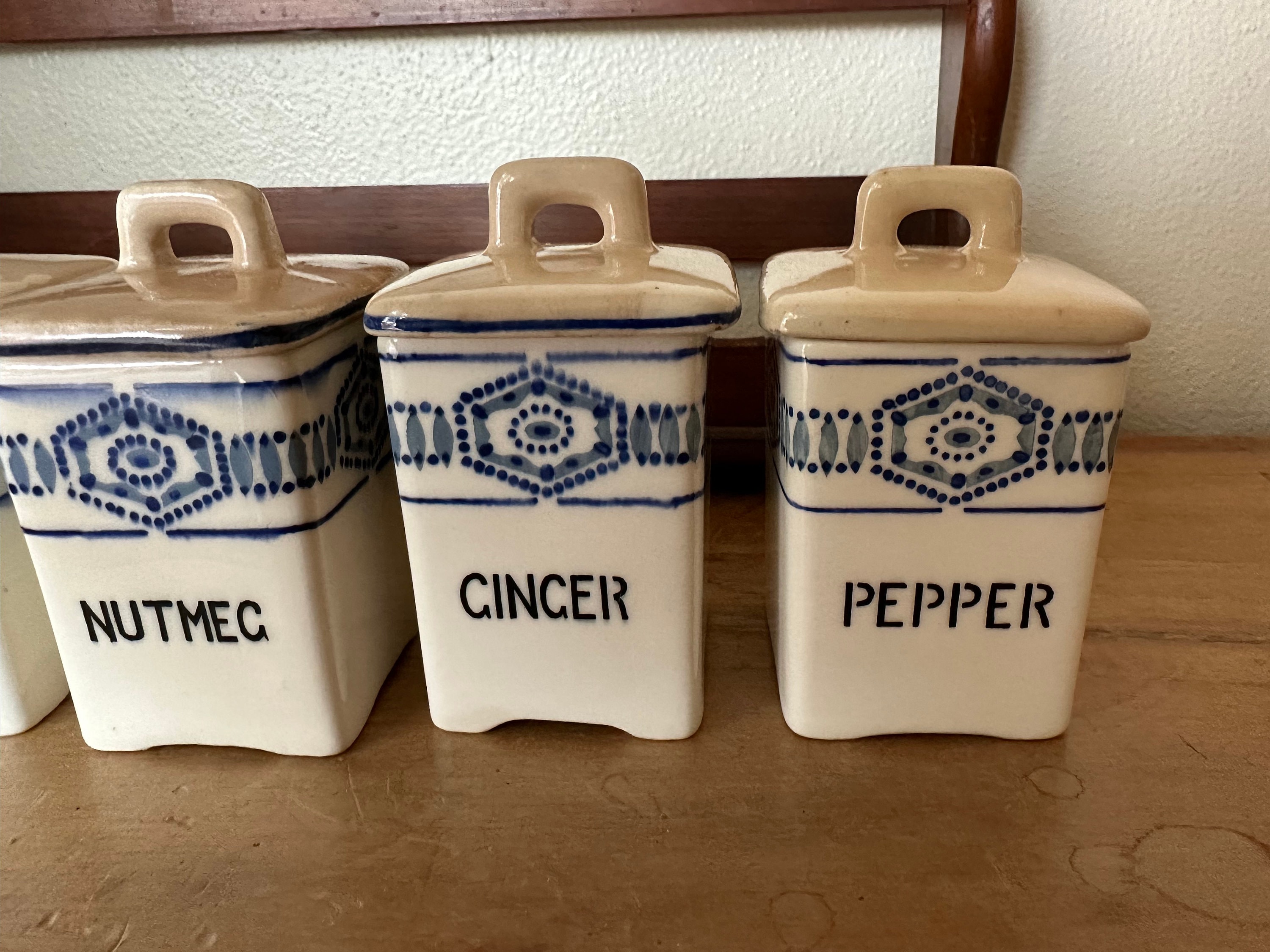 Vintage Czechoslovakia Ceramic Spice Canisters With Wood Spice Rack ...
