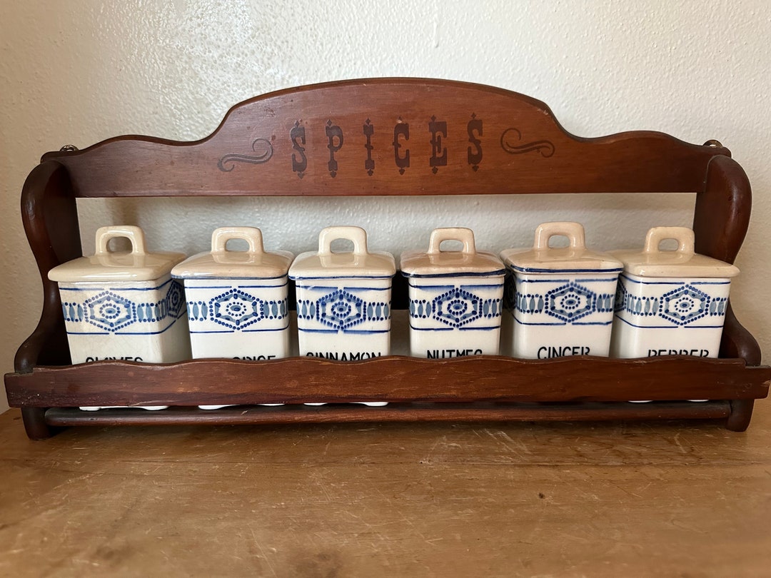Vintage Czechoslovakia Ceramic Spice Canisters With Wood Spice Rack ...