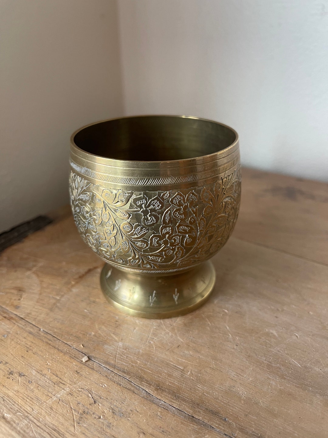 Vintage Brass Boho Etched Floral & Leaf Boho Pedestal Cup Catch India ...