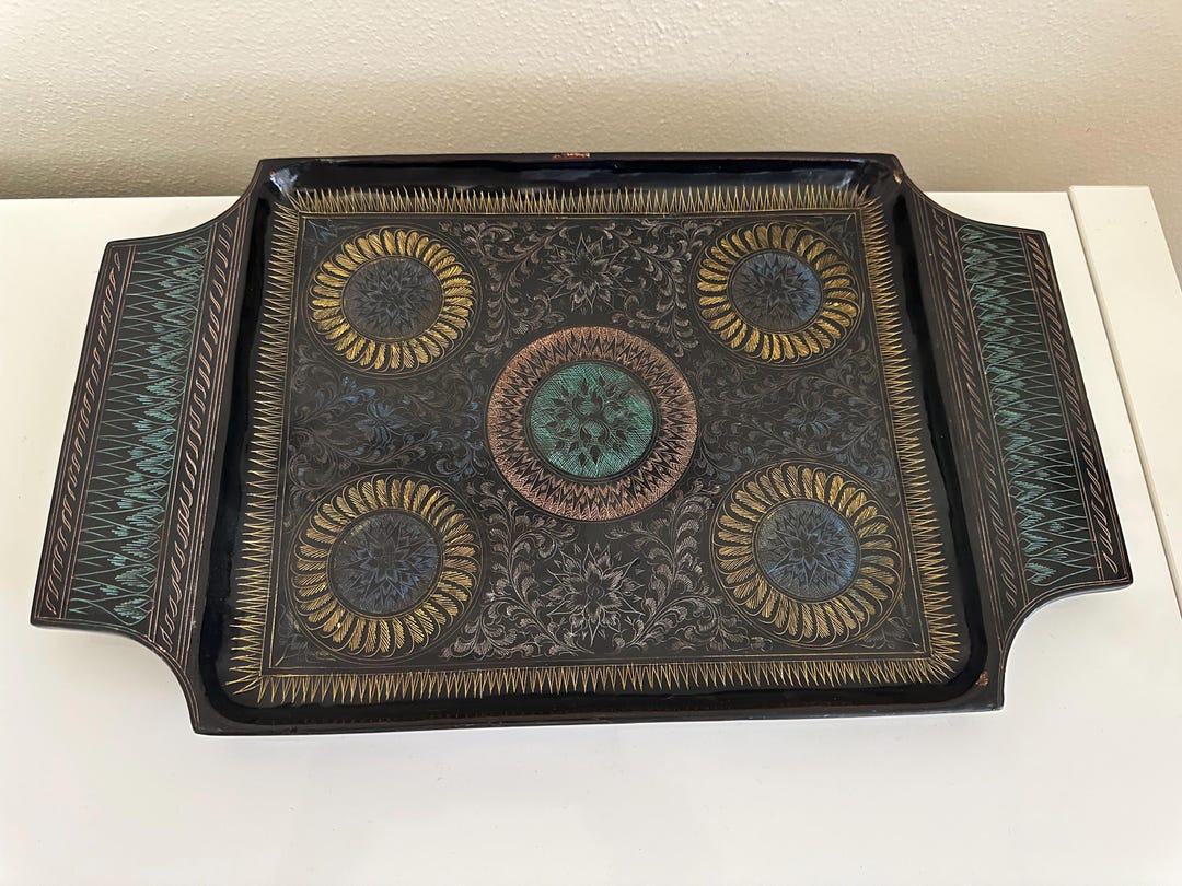 Vintage Indian Hand Painted Wood Lacquer Tray - Etsy