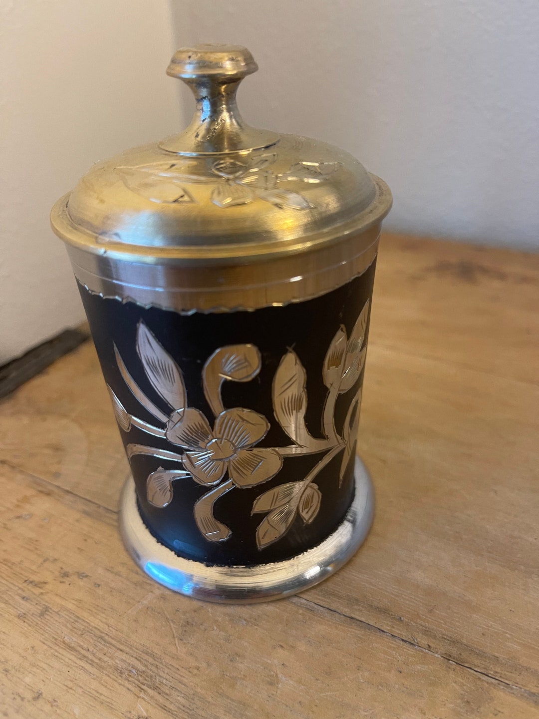 Vintage Boho Brass Round Container With Lid With Etched Floral Design ...