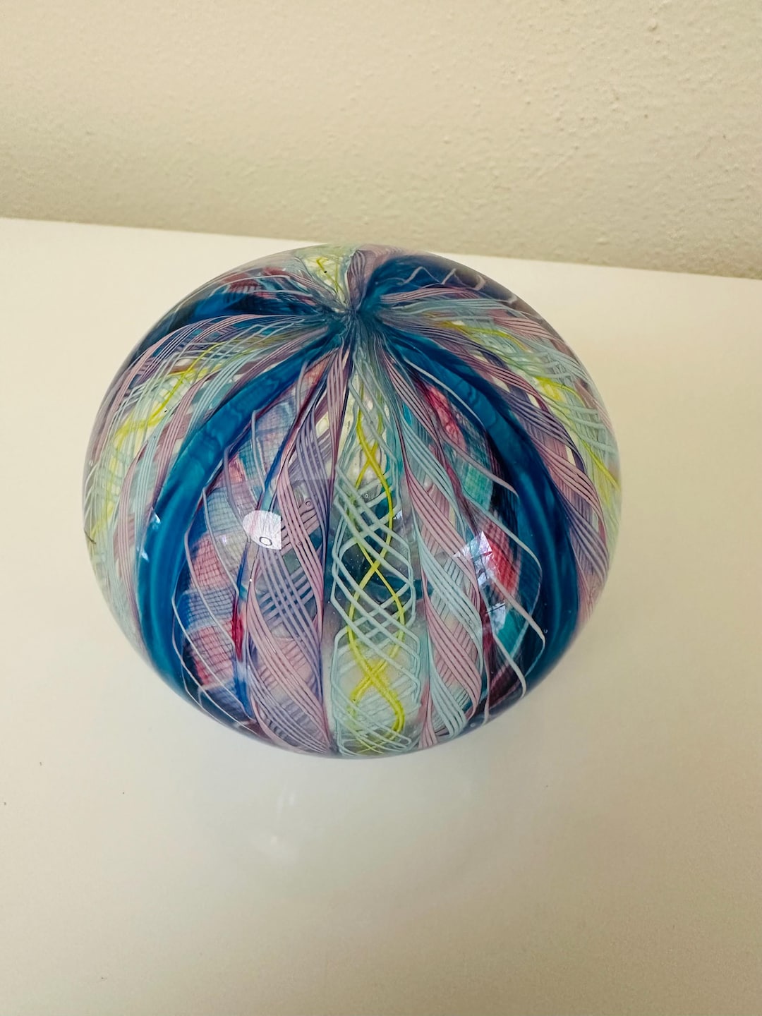 Vintage Crown Round Glass Paperweight With Multi-color Line Design ...