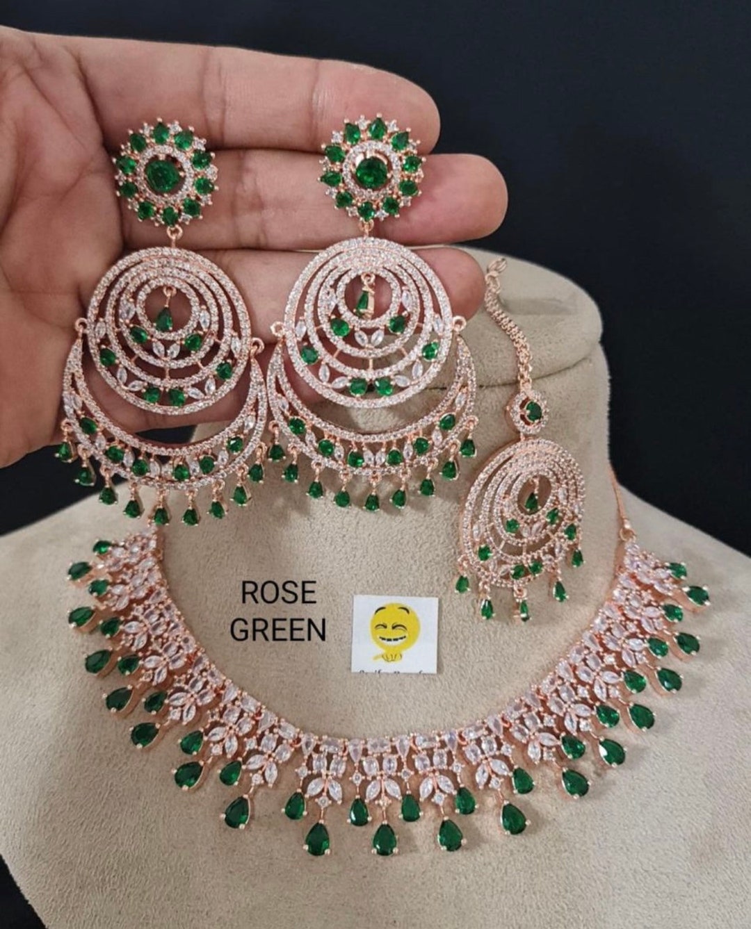 Green American Diamond Choker Set, Emerald Green Zircon Choker Set ...