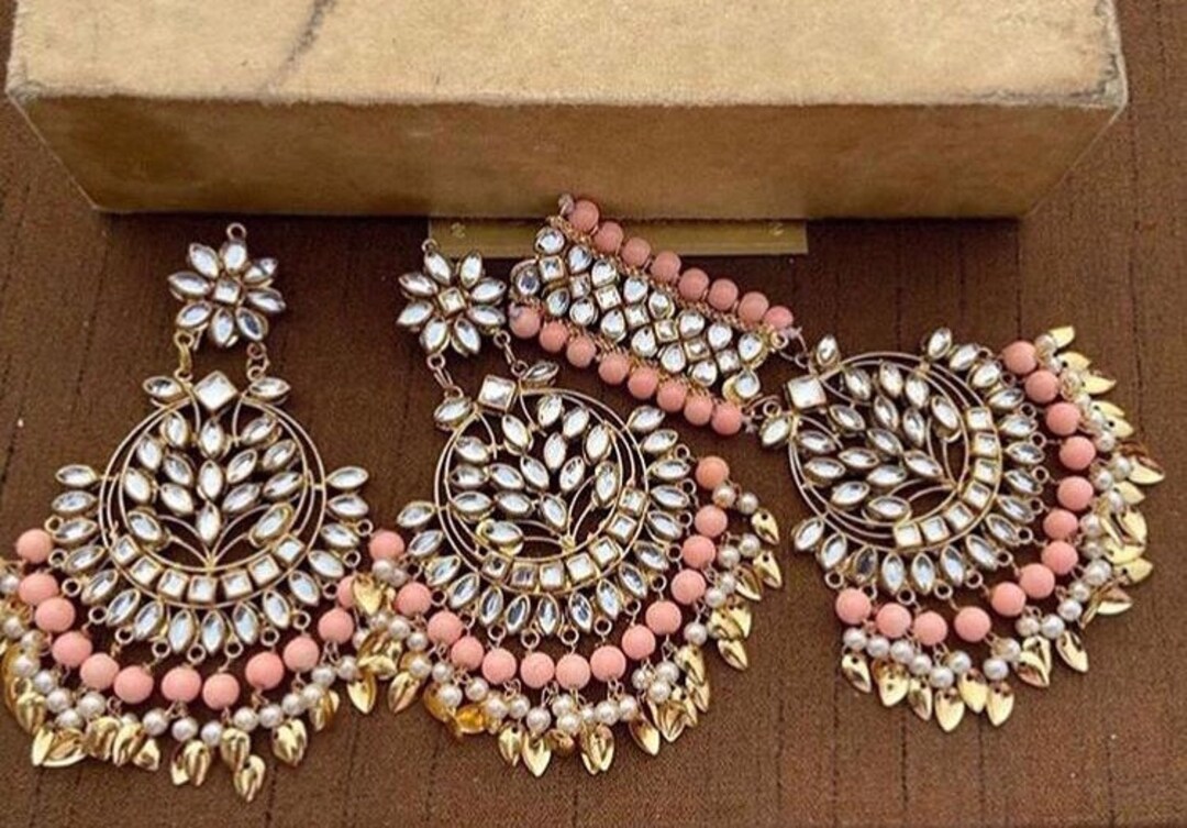 Bollywood Indischer Kundan Schmuck Maang tika und Ohrringe Set/Jadau ...