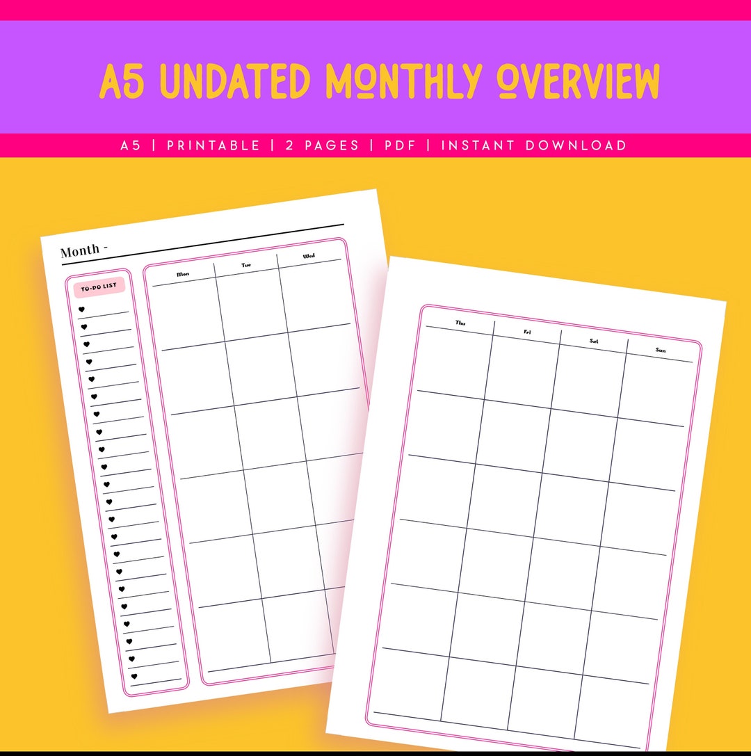 A5 Undated Monthly Overview Printable PDF Instant Download 3 Different ...