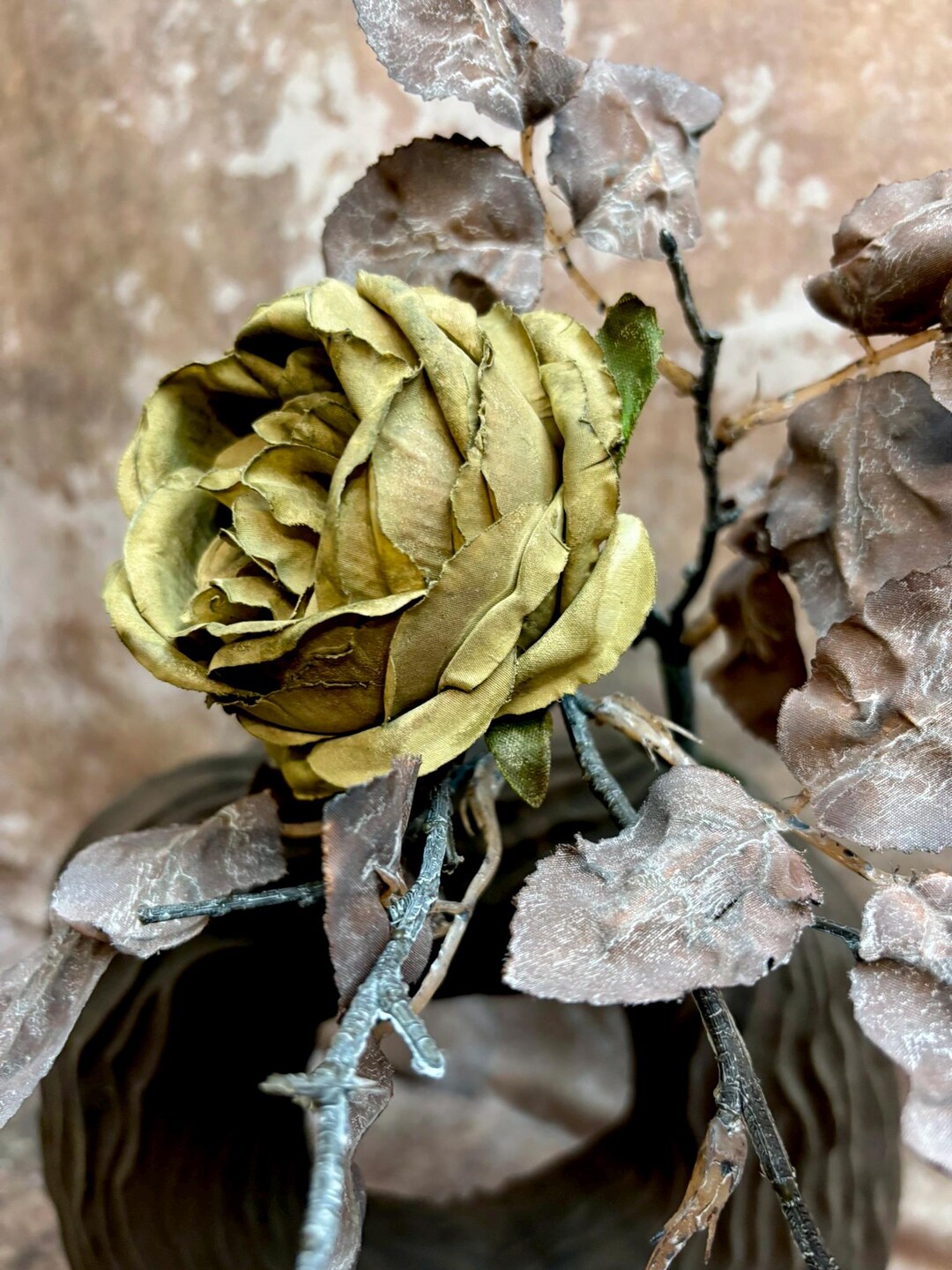 Hand-painted Artificial Rose Branch With Distressed Brown Leaves in ...