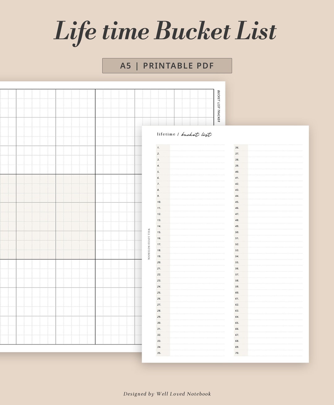 A5 Bucket List Printable Lifetime Bucket List Idea Journal Goal Setting ...