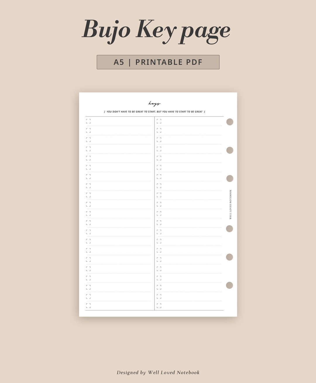 A5 - Bullet Journal Key Page Printable | Bujo Template for Ring Planner ...