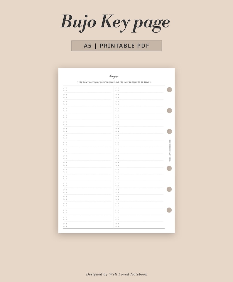 A5 - Bullet Journal Key Page Printable | Bujo Template for Ring Planner ...
