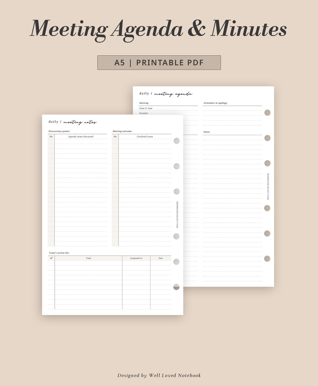 A5 - Meeting Minutes and Agenda Printable | Daily Office Work Planner ...