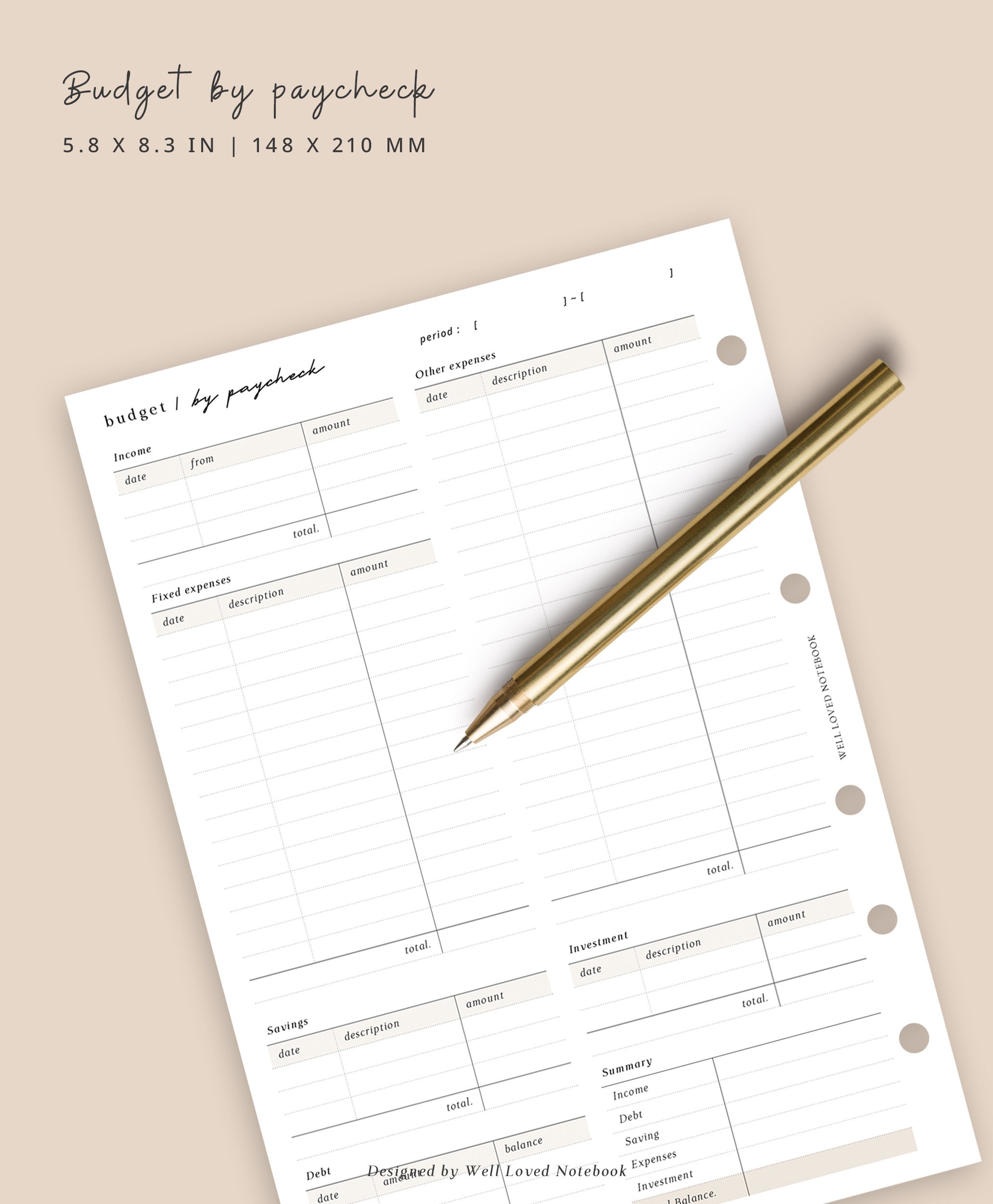 A5 - Paycheck Budget Printable | Finance Binder Insert | Income ...
