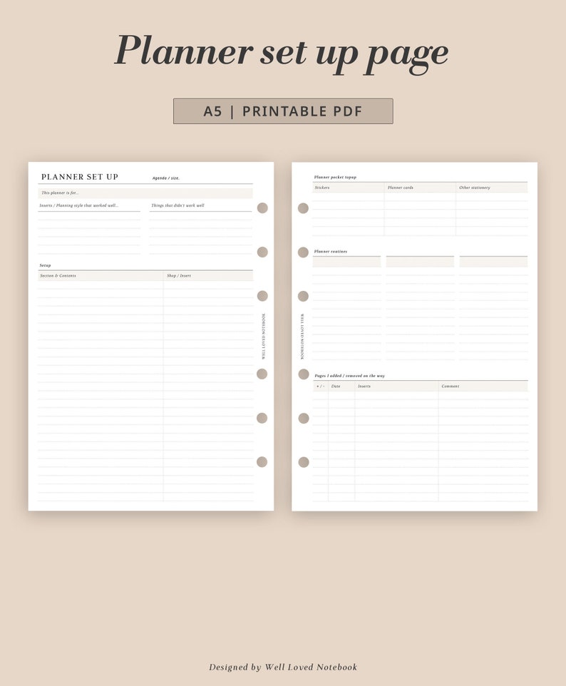 A5 - Planner Set up Template Printable | Agenda Section Guide ...