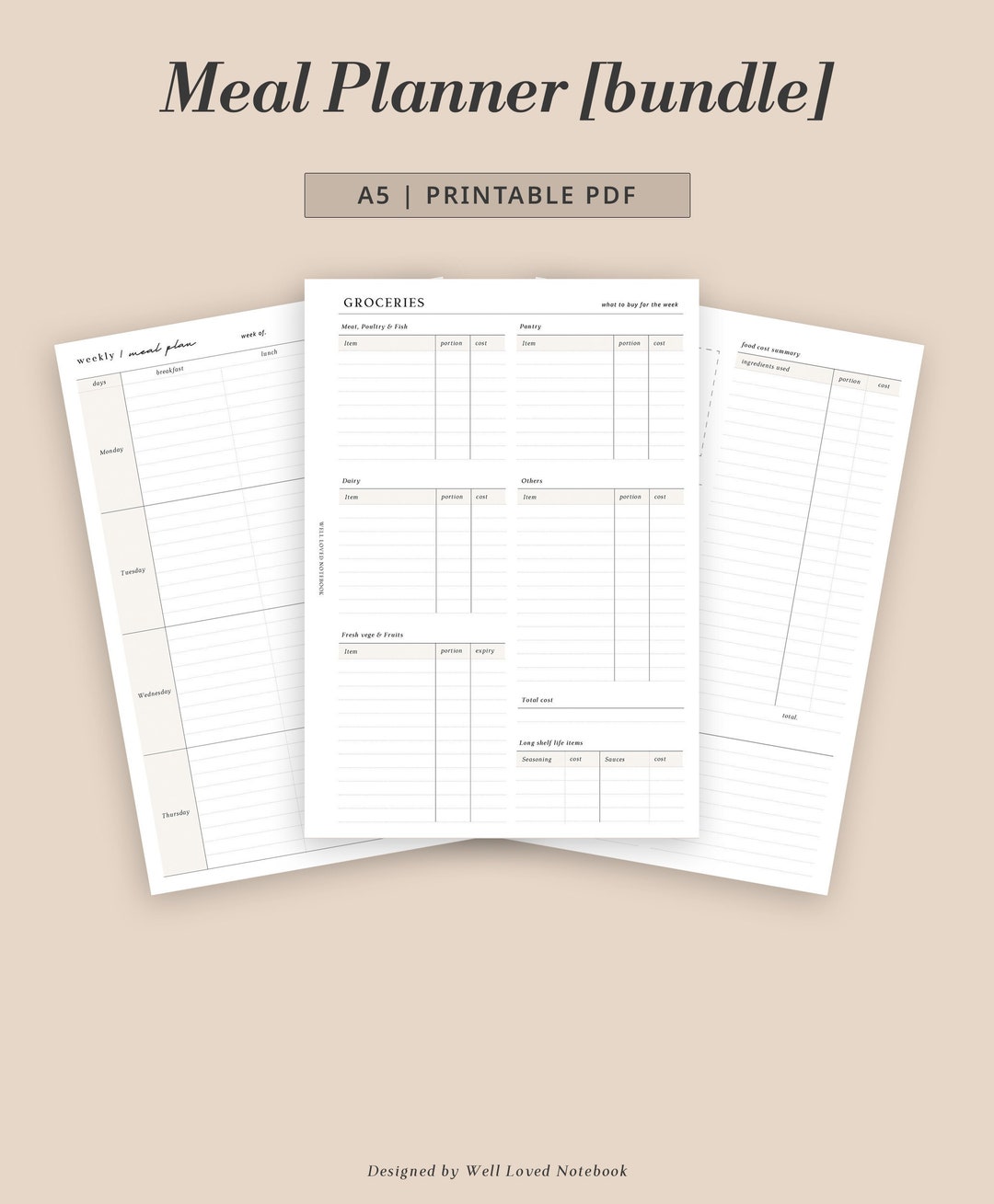A5 - Meal Planner Printable | Weekly Meal Prep Template | Daily Recipe ...