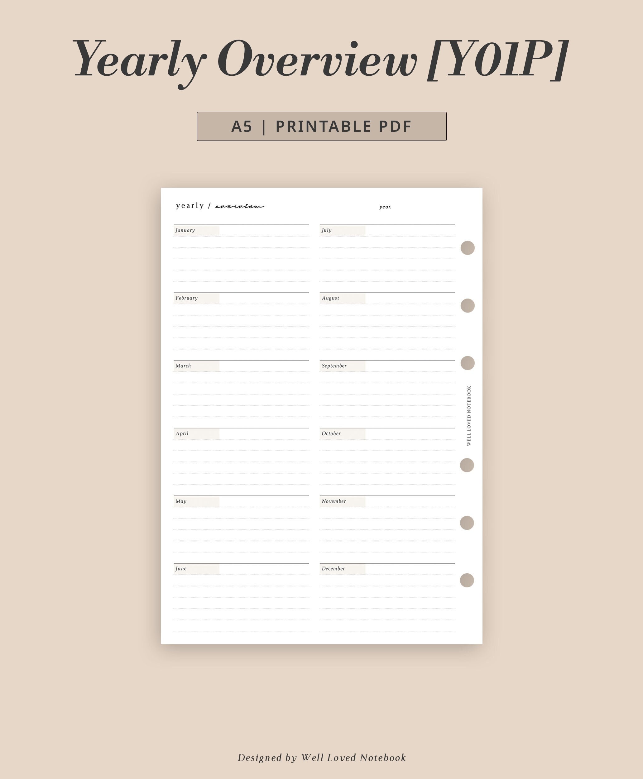 A5 - Yearly on One Page Printable | YO1P Yearly Overview | Undated ...