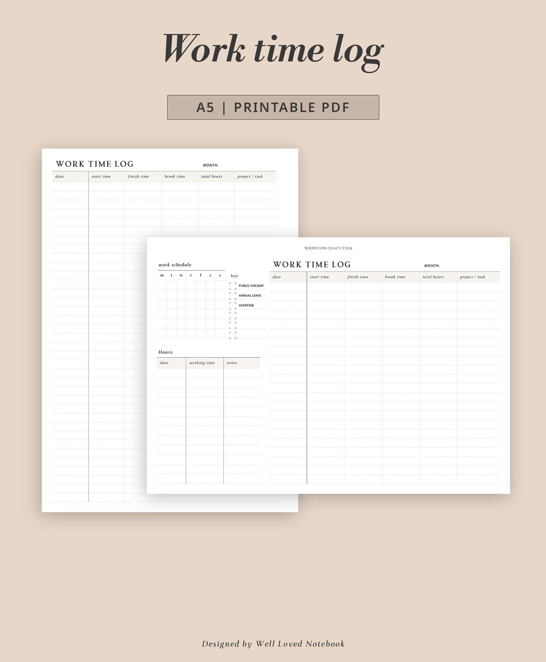 A5- Work Time Log Printable | Annual Leave Tracker PDF | Project Hours ...