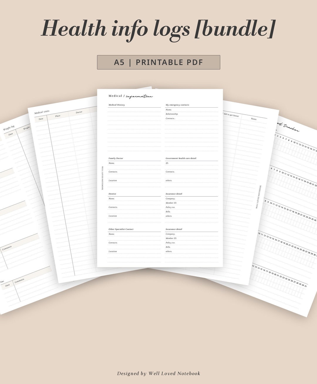 A5 - Health Planner Printable Bundle | Medical Care Tracker | Doctor ...