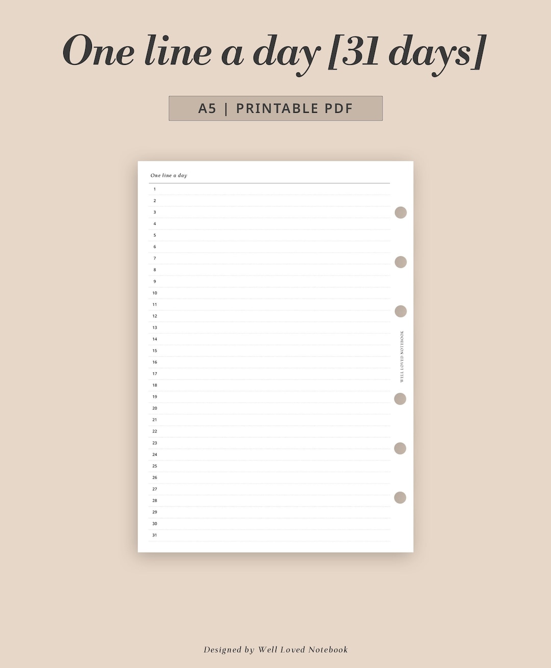 A5 - One Line a Day Printable | Monthly Lined Calendar Template | Daily ...