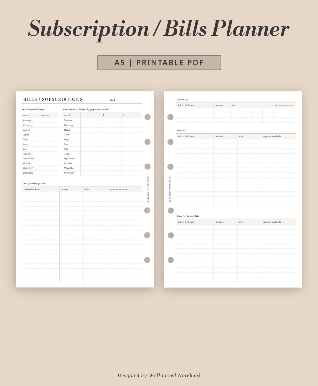 A5 - Subscription Planner Printable | Annual Bills Tracker | Monthly ...