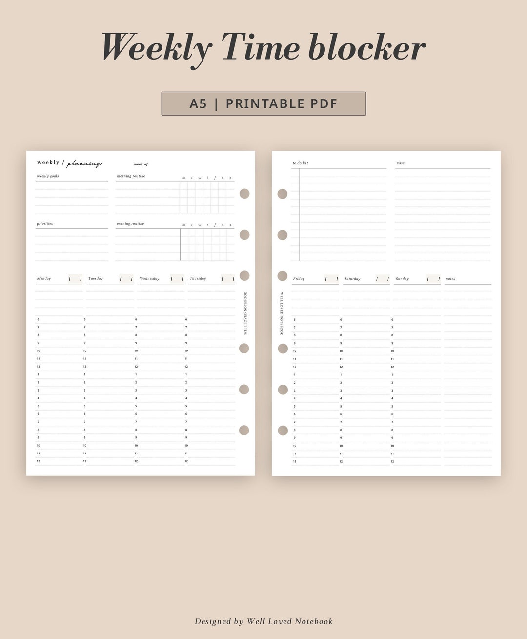 A5 - Weekly Time Blocker Printable | Week on Two Page WO2P Template ...