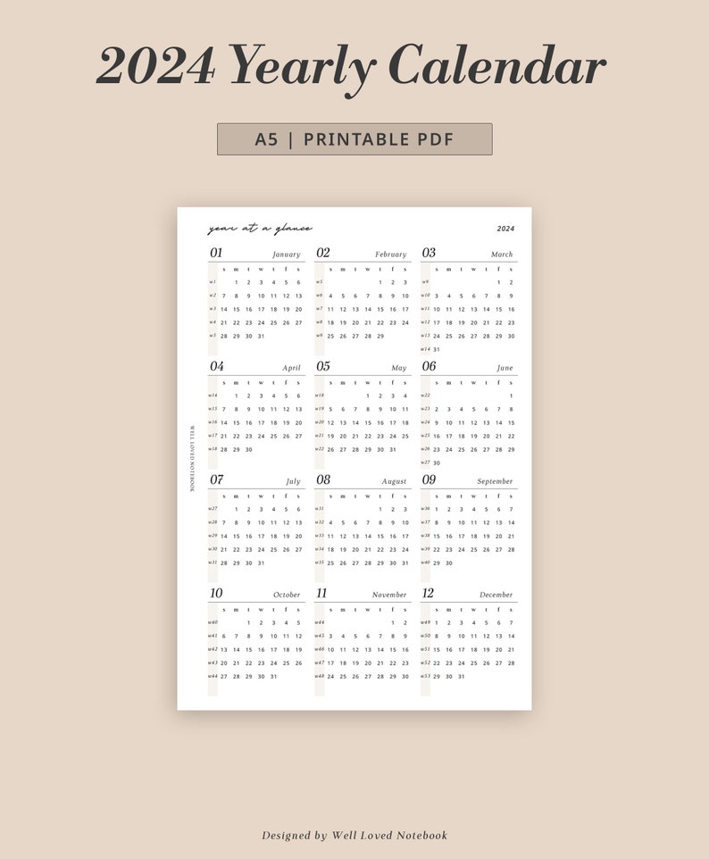 A5 - 2024 Yearly Calendar Printable | Year at a Glance Template | Dated Yearly Planner | YO1P ...