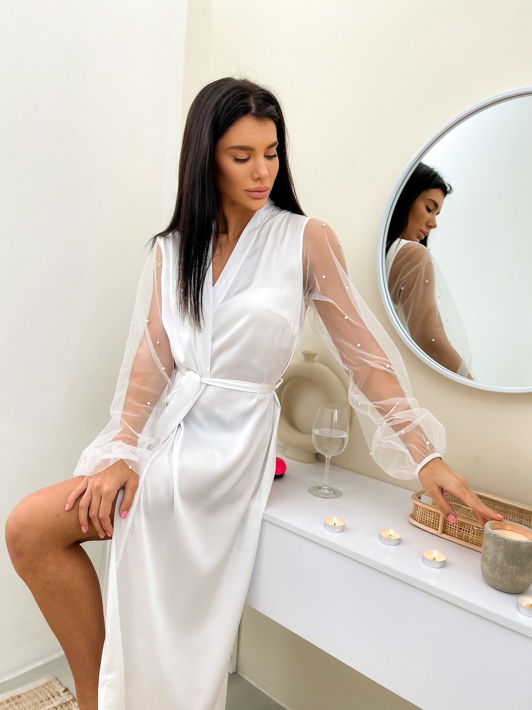 Bride Robe With Pearls, White Boudoir Robe, Long Silk Robe, Bridal Lace ...