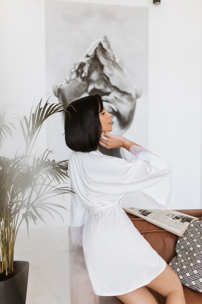 Bride Robe With Lace Sleeves White Boudoir Robe Long Silk Robe - Etsy