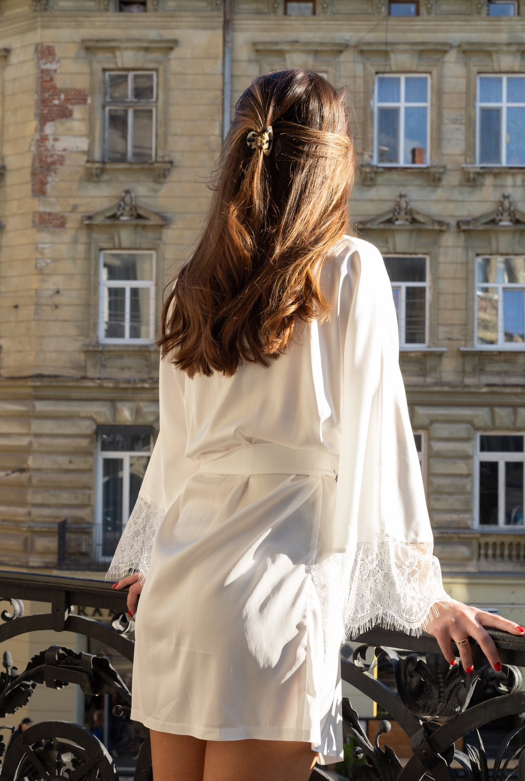 Wedding Satin Robe , Bride Robe With Lace Sleeves , Kimono Silk ...